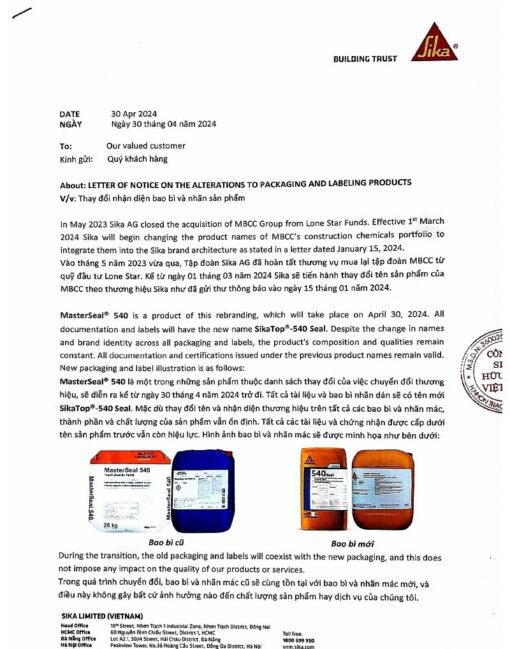 MASTERSEAL 540 - CHỐNG THẤM GỐC XI MĂNG 2 THÀNH PHẦN